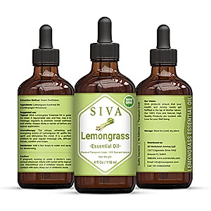 Siva Lemongrass Essential Oil 4 Fl Oz with Premium Glass Dropper– 100% Pure, Natural, Undiluted & Therapeutic Grade, Great for Skincare, Scalp & Hair Care, Aromatherapy, Diffuser, Soaps & Candles