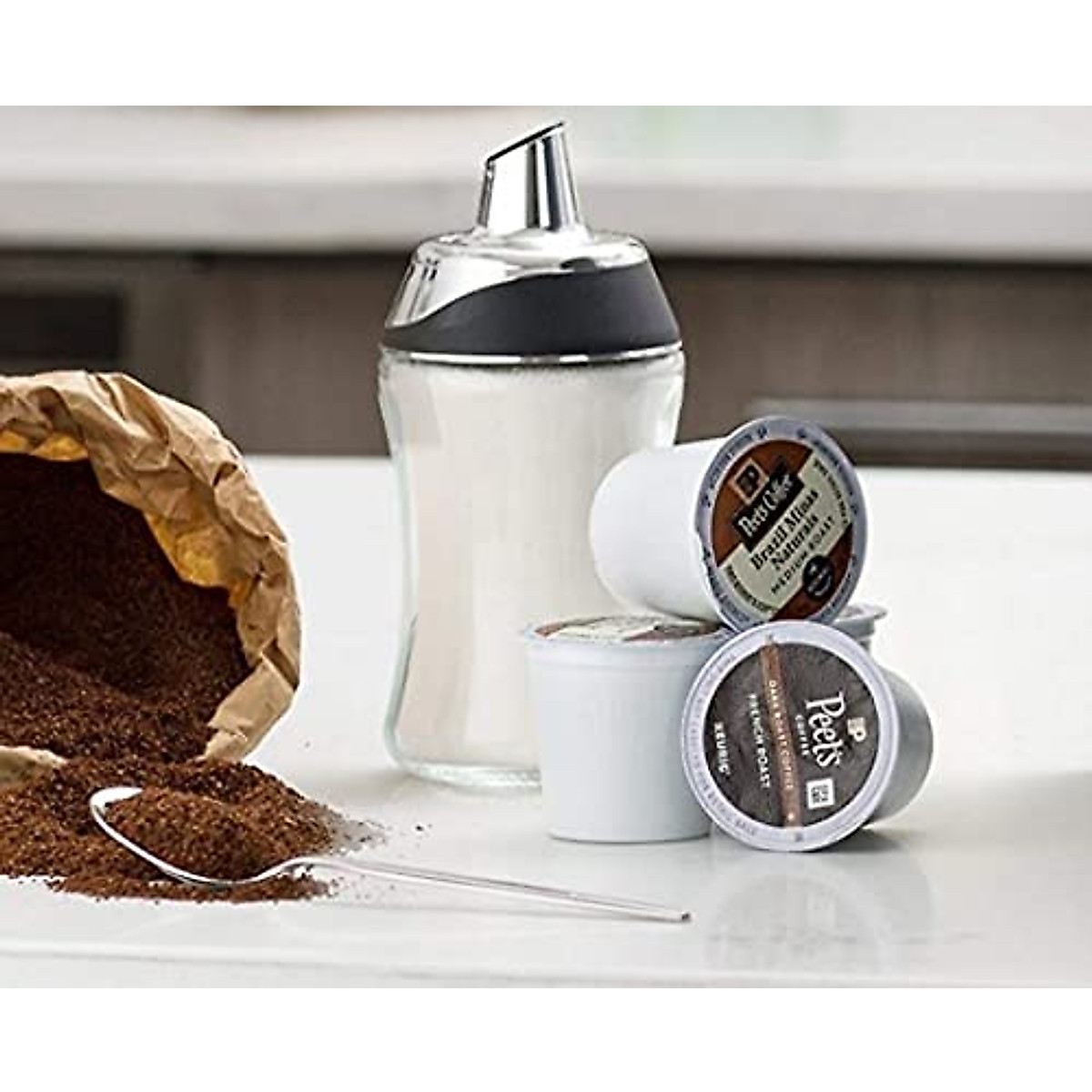 J&M Design Sugar Dispenser Shaker w/Pour Spout For Coffee Bar Accessories, Tea Organizer Station Essentials, Coffee Gifts & Kitchen Baking w/Easy Spoon Pouring Lid - 7.5oz Glass Jar Container Bowl