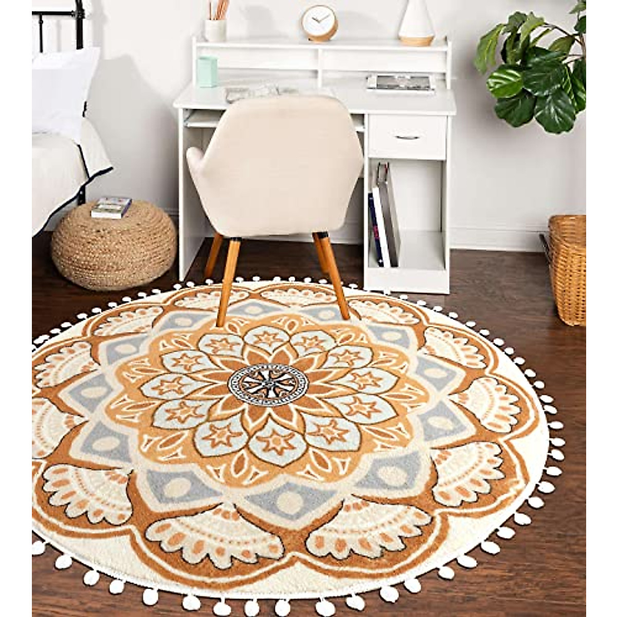 Uphome Round Rug 4ft Yellow Circle Boho Rug with Pom Pom Fringe Non-Slip Washable Living Room Rug Soft Cute Blooming Mandala Throw Rug for Kid's Room Bedroom Entryway Nursery