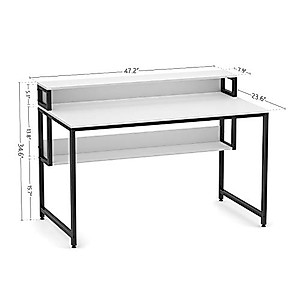 Cubiker Computer Home Office Desk, 47" Small Desk Table with Storage Shelf and Bookshelf, Study Writing Table Modern Simple Style Space Saving Design, White