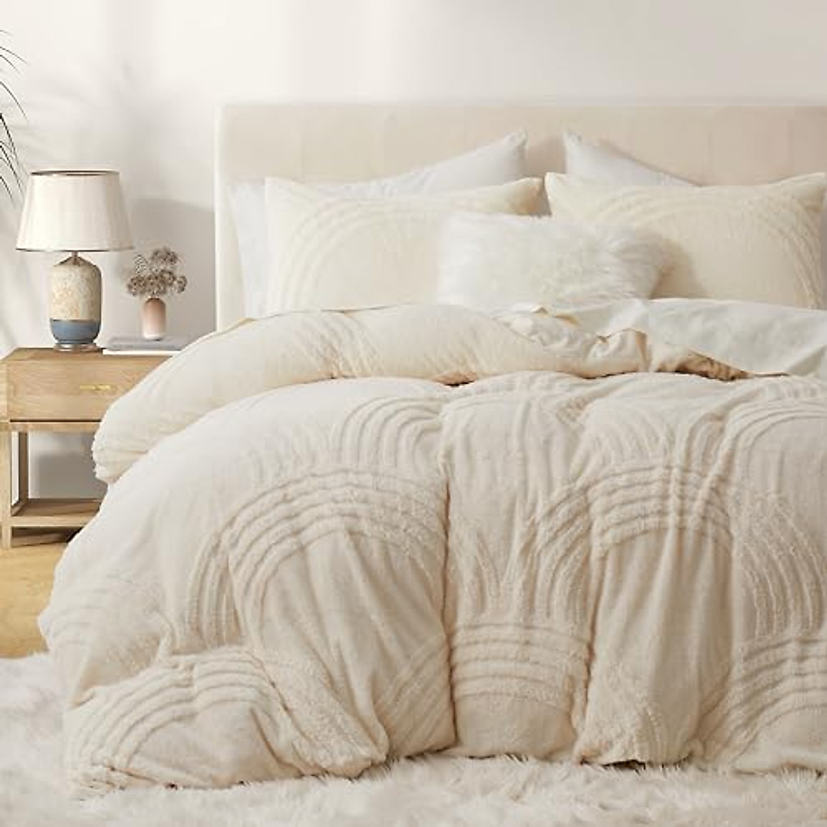 Oli Anderson Fluffy Duvet Cover Set Queen Size, 3 Pieces Tufted Plush Shaggy Comforter Cover, Ultra Soft Warm Fuzzy Faux Fur Bedding Sets, Ivory (1 Duvet Cover + 2 Pillowcases)