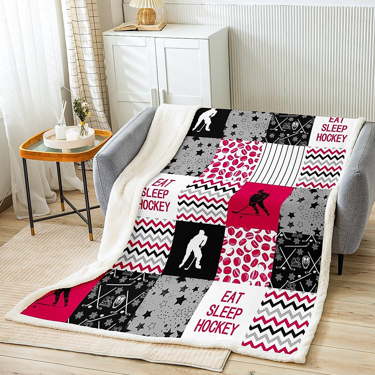 Ice Hockey Plush Bed Blanket, Hockey Player Throw Blanket Throw Size for Teens Kids Boys, Geometric Plaid Grid Sherpa Blanket Sports Games Fleece Blanket Decorative Sofa Couch, Black White and Red