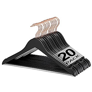 HOUSE DAY Premium Wooden Hangers Black with Non Slip Pants Bar Smooth Finish Solid Wood Coat Hanger 360° Swivel Rose Gold Hook Cut Notches for Suit, Jacket, Dress, Heavy Duty Clothes Hangers 20 Pack