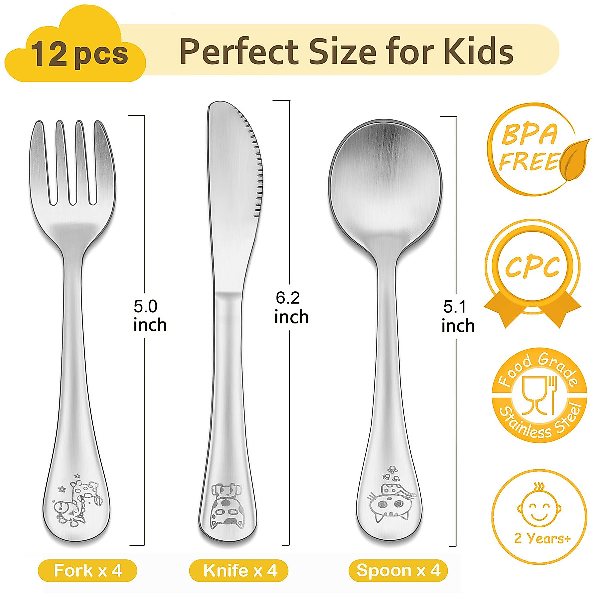 12-Piece Kids Silverware Set, LIANYU Toddler Utensils for 2-6 Year Old, Stainless Steel Preschooler Children Flatware Cutlery Set, Includes 4 Knives 4 Forks 4 Spoons, Dishwasher Safe