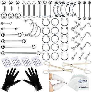 Tustrion 80PCS Nose Piercing Kit for All Body Piercings Stainless Steel Piercing Jewelry with 12G 14G 16G 20G Piercing Needles for Ear Cartilage Tragus Nose Septum Lip Eyebrow