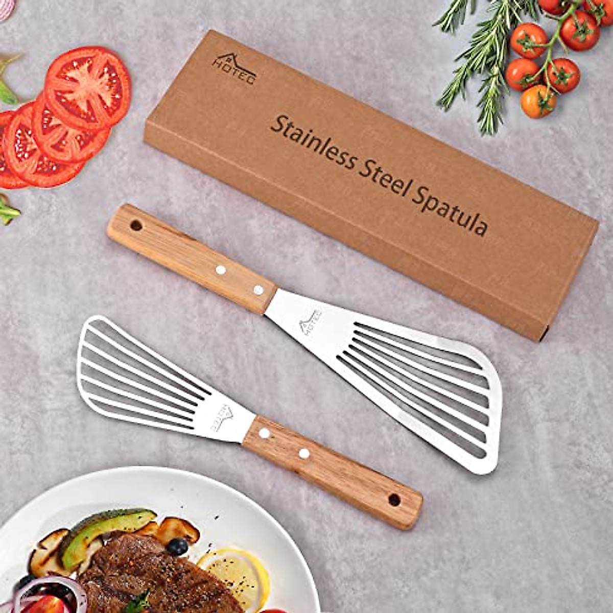 HOTEC Stainless Steel Thin Slotted Fish Turner Spatula with wooden handle