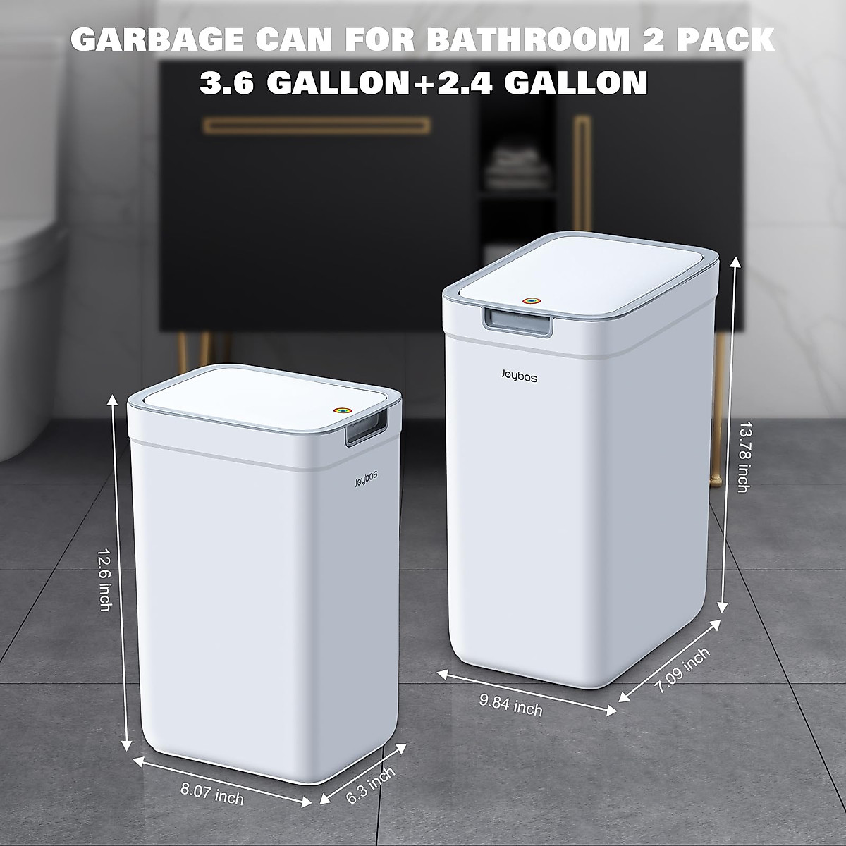 funest Bathroom Trash Can with Lid, 2 Pack Small Garbage Can for Bedroom with Pop-Up Lid, S01 Dog Proof Trash Bin, Plastic Wastebasket for Office, Living Room (3.6 Gal with Lid + 2.4 Gal with Lid)