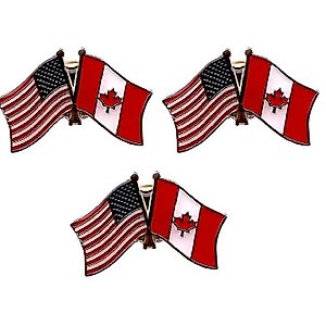 Pack of 3 Canada & US Crossed Double Flag Lapel Pins, Canadian & American Friendship Pin Badge Plus Free Box of Canada Small Mini Cupcake Toothpick Flags
