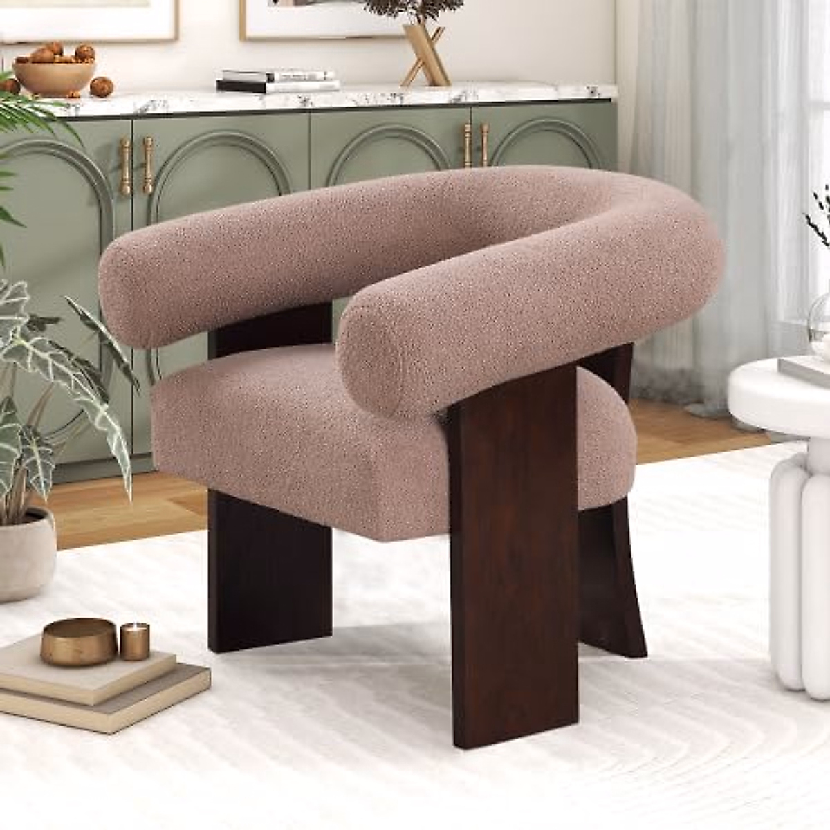 YISH WF303949AAD Teddy Velvet Accent Upholstered Dining Chair with Curved Wishbone Frame, Single Sofa Armchair for Living Room Reception, Light Brown
