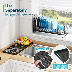 ANTOPY Small Dish Drying Rack - Compact Dish Rack for Kitchen Counter with Silicone Dish Drying Mat, Stainless Steel Dish Drainer for Kitchen Sink Cabinet, Space Saving Plate Rack Cutlery Holder