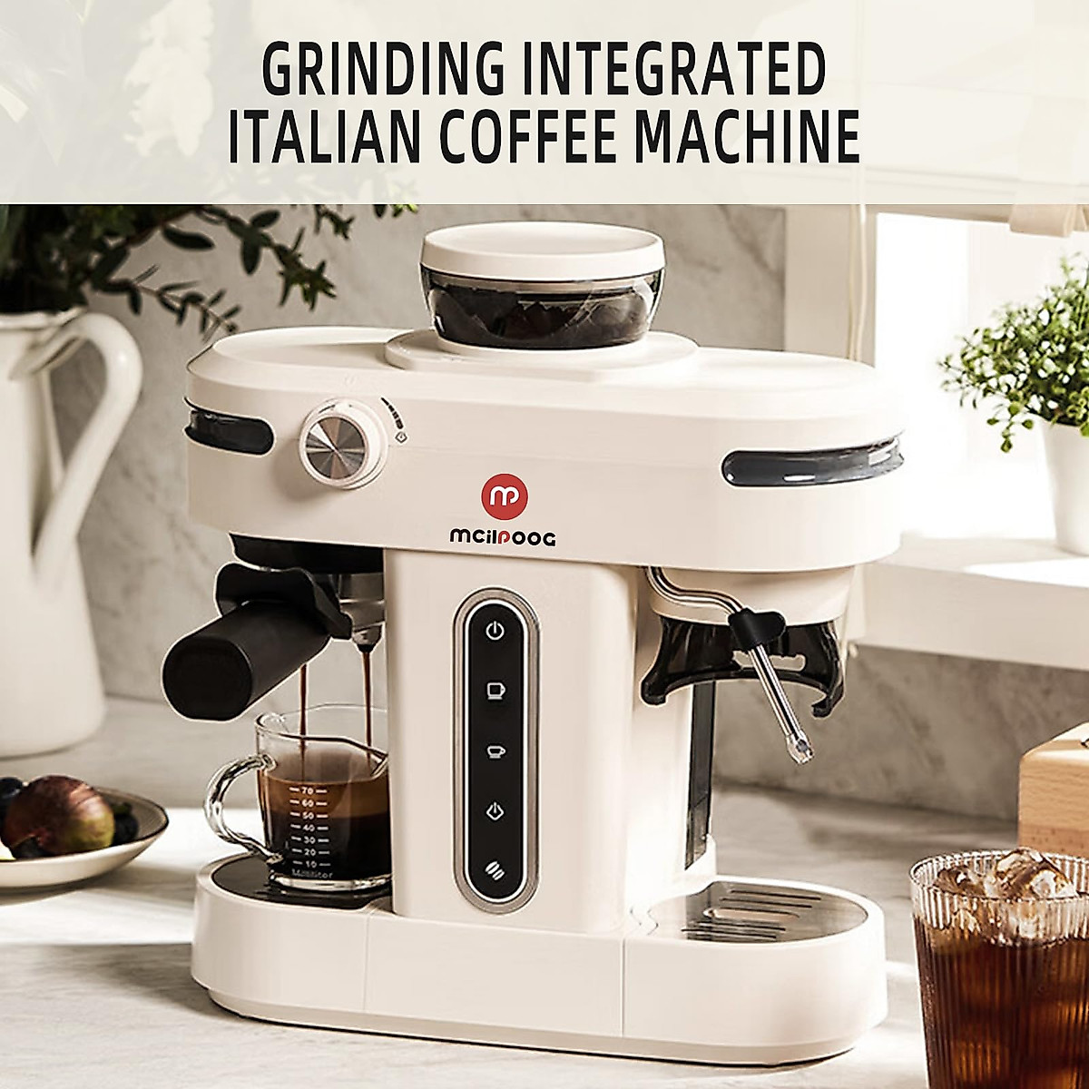 Mcilpoog AC510 15Bar Semi Automatic Espresso Machine With Grinder & Steam Wand,3-in-1 Compact Espresso Coffee Maker With 28 oz Removable Water Tank for Cappuccino or Latte,Gift for Dad(creamy white)