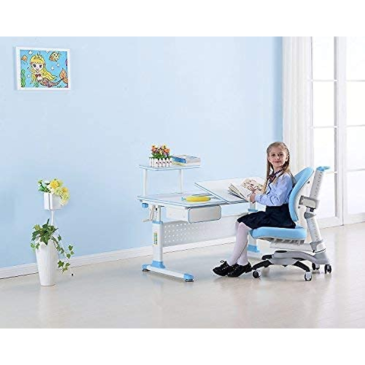 ApexDesk Little Soleil DX 43" Children's Height Adjustable Study Desk w/Integrated Shelf & Drawer (Desk+Chair Bundle – Blue)