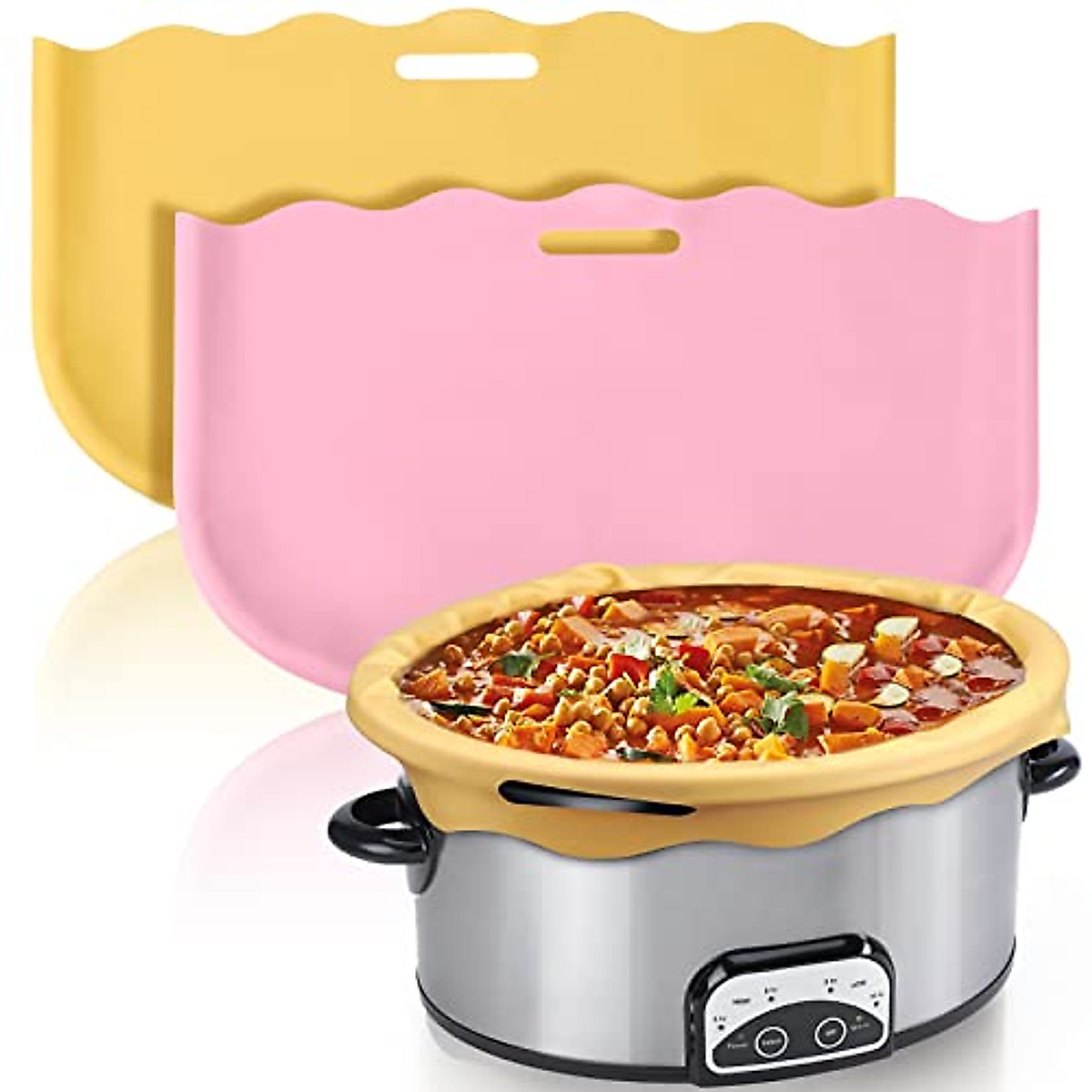 XANGNIER 2 Pack Silicone Slow Cooker Liners for 6,7,8 Quarts Crockpot, Reusable Silicone insert,Leakproof & Easy Clean,Cooking Bags for Oval or Round crock pot,Slow Cooker Accessories（Pink+Yellow）