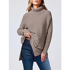ANRABESS Women's Oversized Turtleneck Batwing Sleeve Spilt Casual Loose Knit Tunic Pullover Sweater Tops 2025 Fall Outfits Brown Small