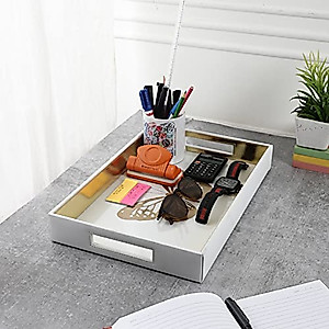 Zvasti Faux Leather Butterfly Printed Tray. White Faux Leather Trays for Coffee Table. Rectangle Tray with Handles