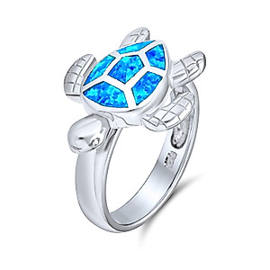 Personalized Large Nautical Tropical Beach Vacation Iridescent Blue Created Opal Inlay Sea Tortoise Turtle Ring For Women Teen .925 Sterling Silver
