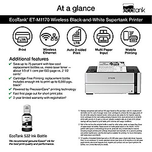 Epson EcoTank ET-M1170 Wireless Monochrome Supertank Printer with Ethernet PLUS 2 Years of Unlimited Ink*