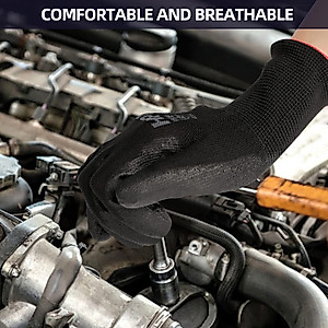 HPHST PU Coated Safety Work Gloves, 12 Pairs Work Gloves Mechanic Working Seamless Knit Glove for Men Women with Polyurethane Coated Smooth Excellent Grip on Palm&Fingers - Black (Large)