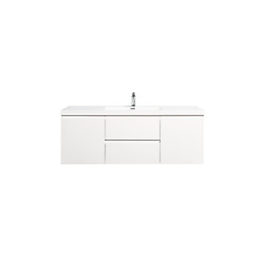 OMGO 60'' Wall Mounted Double Bathroom Vanity with White Solid Surface Sink, Modern Wood Cabinet Basin Vessel Set w/Two Drawers and 2 Storage, H90 Hanging System, Easy Installation