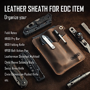 KeyUnity KL01 Leather Pocket Organizer with 3 Pouch, EDC Multitool Sheath for Notebook/Pocket Knife/Flashlights/Pens and Multitool (Brown)