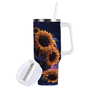 Slewiaeky Tumbler with Handle 40 oz Beautiful Goth Skull Sunflower Travel Mug with Lid and Straw Stainless Steel Vacuum Insulated Water Bottle Cup for Iced Tea Coffee Cold Beverages Cup Holder Friend