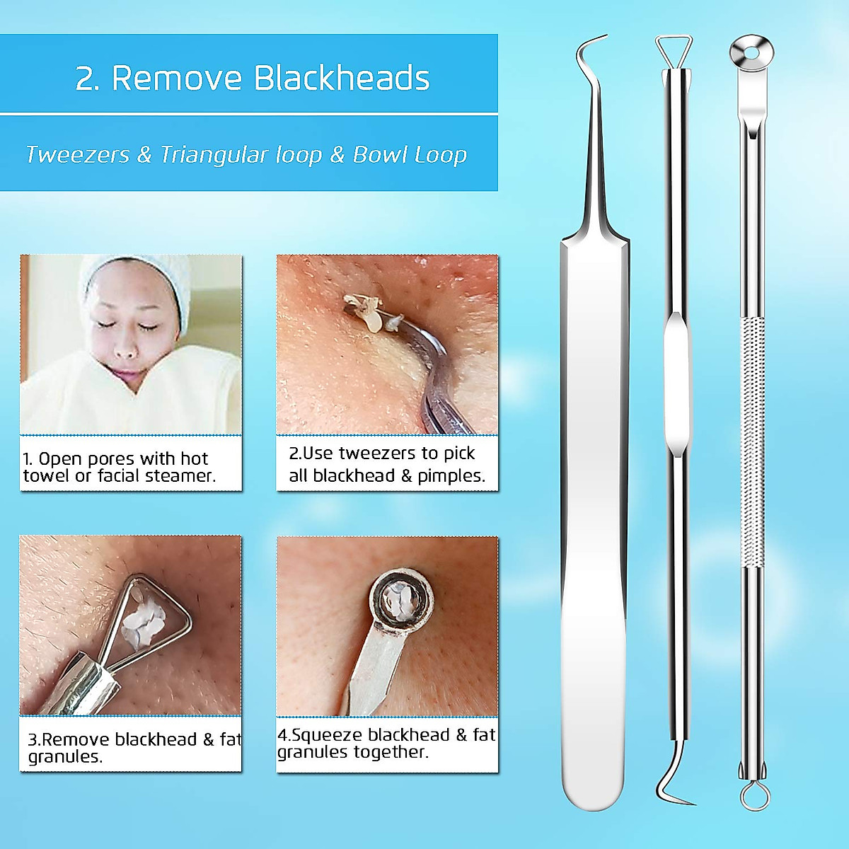 Premium Blackhead Remover, Comedone Blemish Acne Extractor,Popping Pimple Popper Whitehead Removal, Precision Tweezers, Zit Removing, Milia Remove