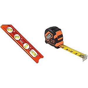 Klein Tools 935RB Level, 8-Inch Torpedo Level & 9225 Tape Measure, Heavy-Duty Measuring Tape with 25-Foot Double-Hook Double-Sided Nylon Reinforced Blade, with Metal Belt Clip