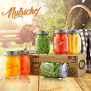 NutriChef 6-Pack 16 oz Mason Jars with Lids - Thick Glass Canning Jars with Stainless Steel Lids - Ideal for DIY Spices, Meal Prep, Overnight Oats, Jelly, Jam, Honey, Candles, Crafts, & More