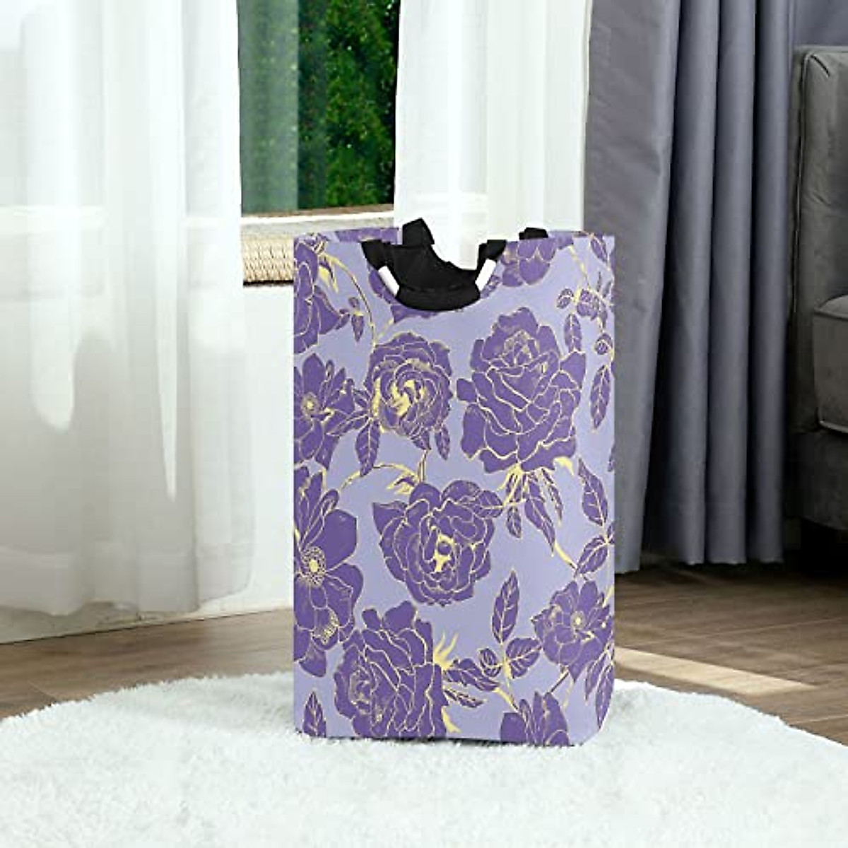 Kigai Purple Roses Laundry Basket Foldable Large Laundry Hamper Bucket with Handles Collapsible Nursery Storage Bin for Kids Clothes Toy