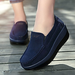 AngryMonkey Women's Fashion Platform Sneakers High Hidden Heel Wedge Moccasin Slip-on Casual Low Top Non-Slip Walking Shoes (8.5,Dark Blue,8.5,Women)