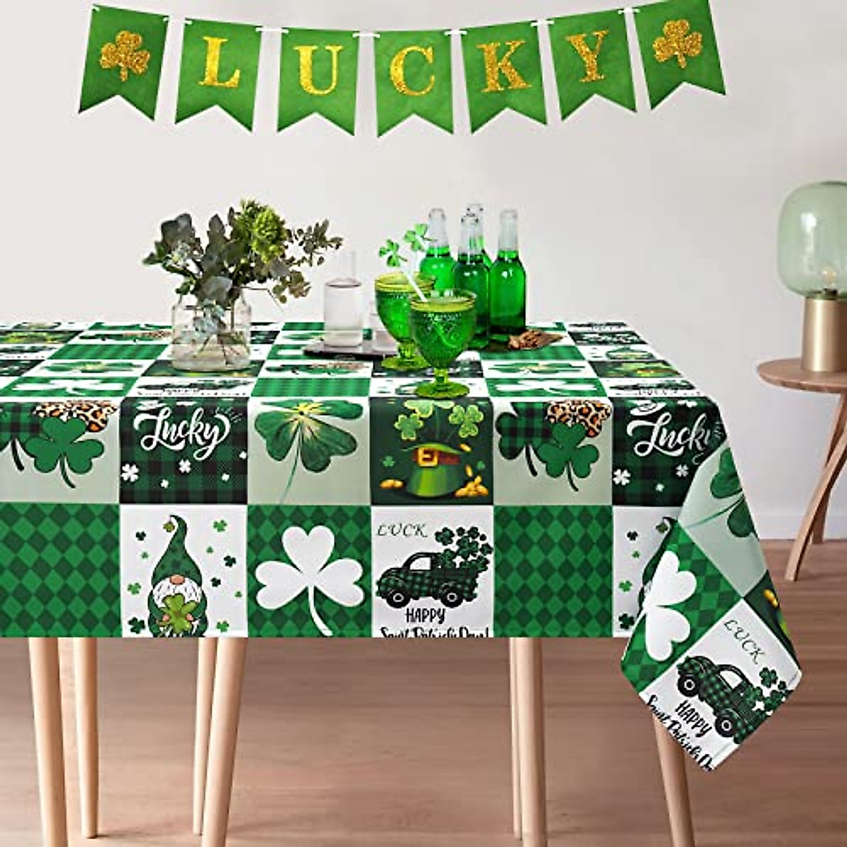 NatuBeau St. Patrick’s Day Tablecloth Rectangle 60x84 Inch, Gnomes Buffalo Plaid Shamrock Table Cloth for St Patricks Day, Lucky Green Shamrock Table Cover for Dinning Room Kitchen Party Decor