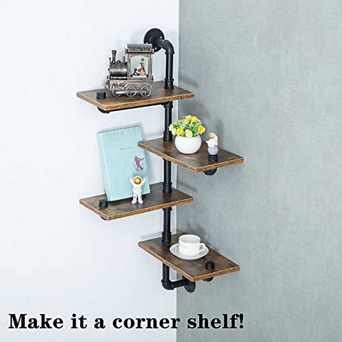 HEONITURE Industrial Pipe Shelving, Pipe Shelves with Wood Planks, Corner Floating Shelves Wall Mounted, Retro Rustic Industrial Shelf for Bar Kitchen Living Room