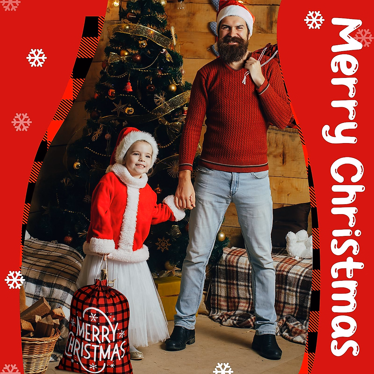 Windyun 16 Pcs Christmas Drawstring Bags Bulk Large Xmas Buffalo Plaid Drawstring Cloth Gift Bags 12 x 16 Inch Gift Wrapping Bags Drawstring Storage Sack Bags for Party Favor