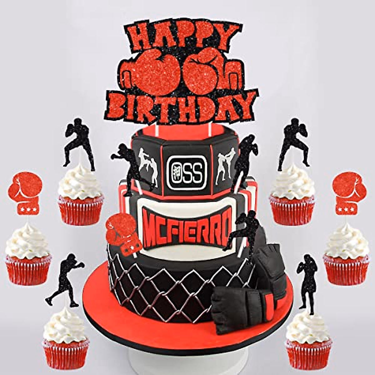 25 PCS Boxing Cupcake Toppers Boxing Gloves Cake Topper Decorations Fight Sports Theme Birthday Party Glittering Wrestling Party Supplies