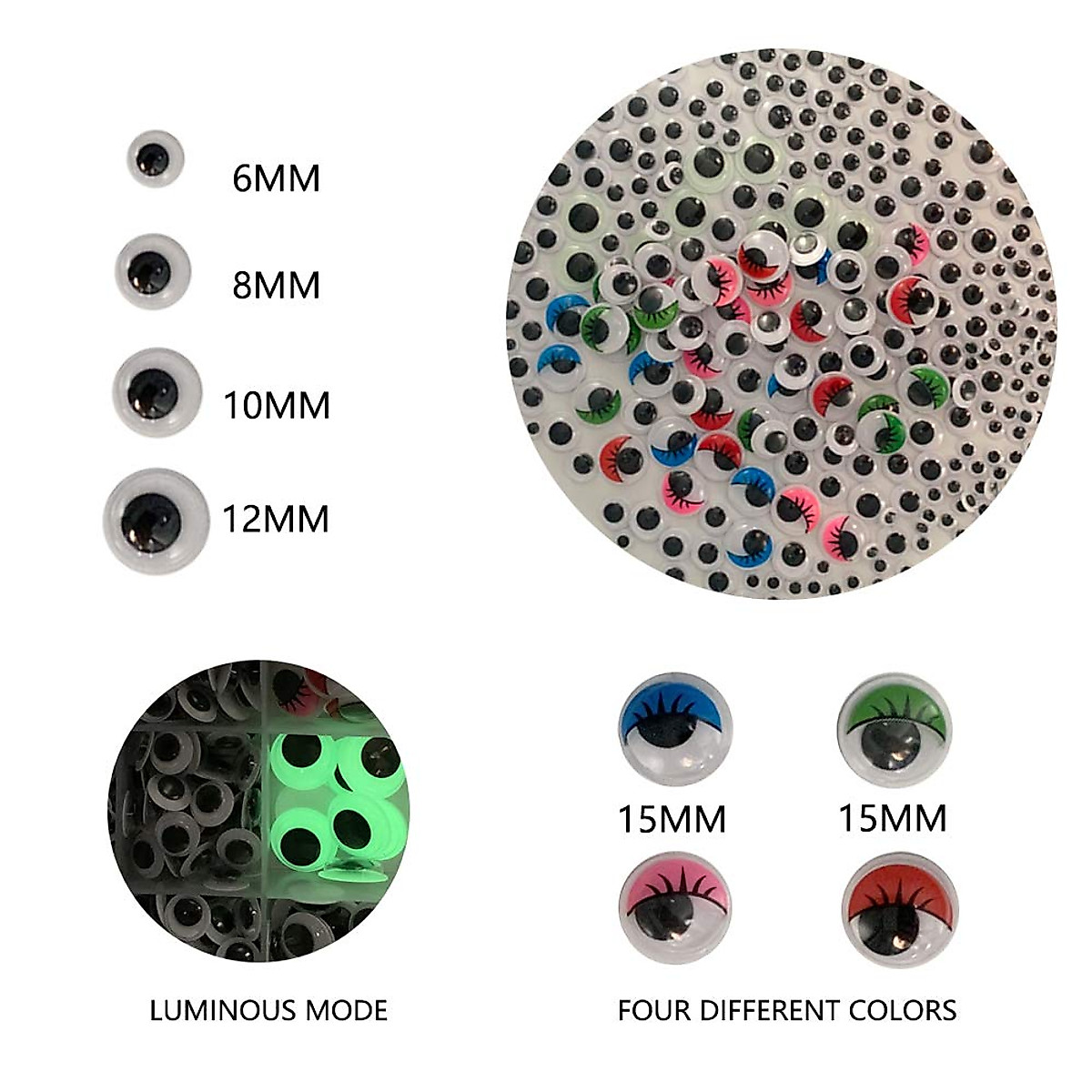 Vanteexpro Craft Googly Wiggle Eyes with Self Adhesive, 1000pcs Mix Size and Colored Googly Eyes with Eyelashes
