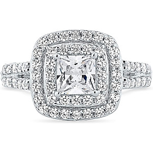 .925 Sterling Silver Cushion Cut Cubic Zirconia Split Shank Double Halo Engagement Ring - Size 9