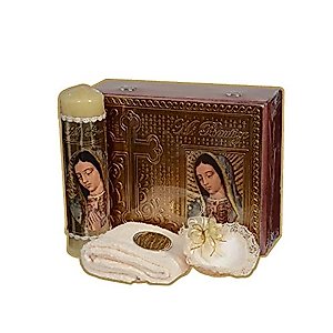 Baptism Candle Set/Baul de Madera con Vela para Bautizo con Virgen de Guadalupe Repujado
