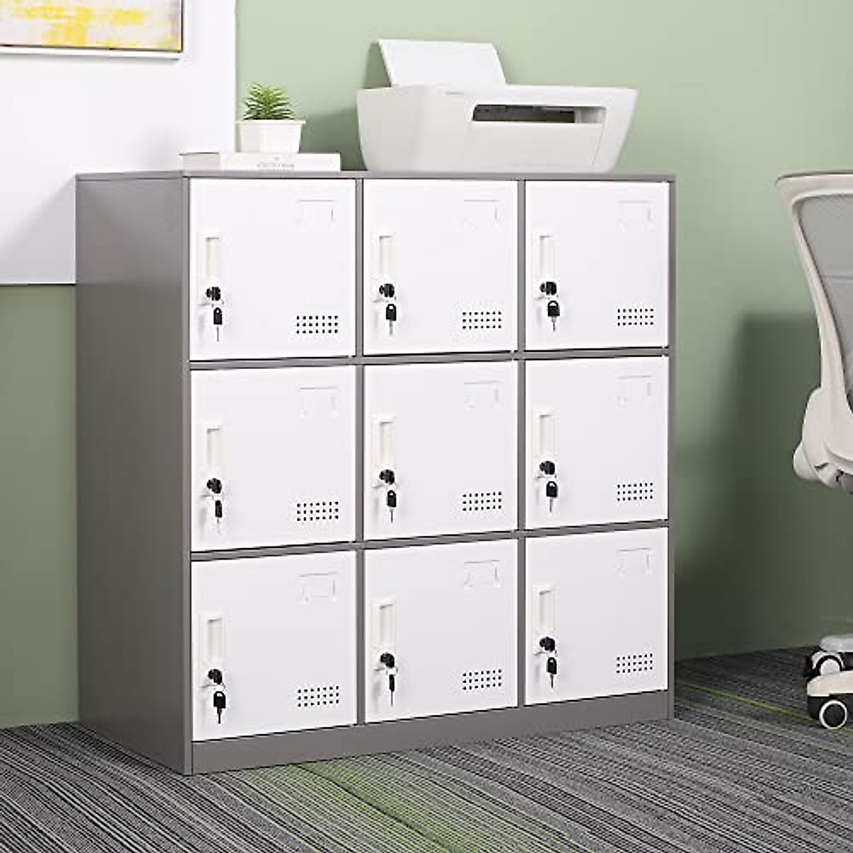 iCHENGGD Metal Locker Cabinet 9 Door Office Storage Locker Home School Metal Storage Cabinet with Lock and Ventilation for Employees Kids Bedroom Classroom Gym (Grey)
