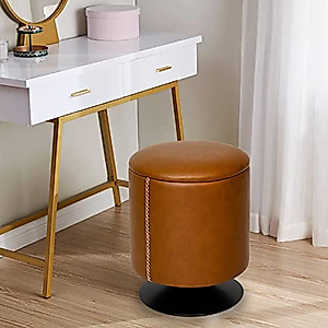 HeuGah Storage Ottoman with Storage for Living Room,Faux Leather Round Ottoman Coffee Table and Ottoman Foot Rest with Metal Rotatable Chassis (Brown)