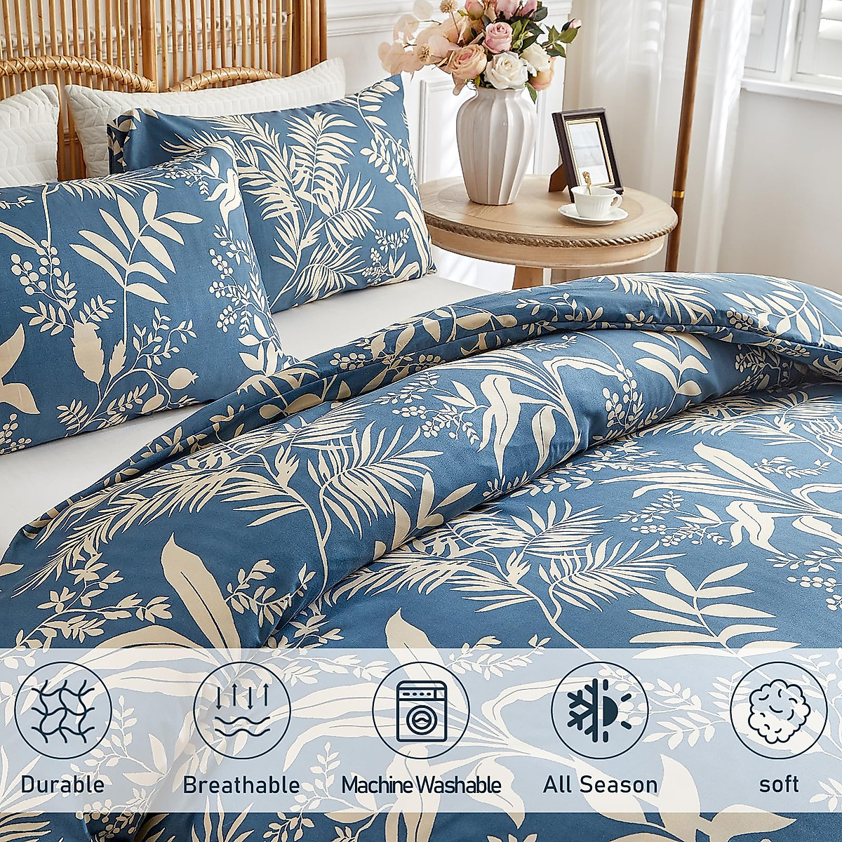 OLDBIAO Botanical Duvet Cover Set King Size, 3 Pieces Blue Floral Leaf Pattern Bedding Set with 2 Pillow Shams, Farmhouse Style Soft Microfiber Comforter Cover Set for All Season Use