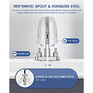 FELIXBATH Bathroom Sink Faucet with Pull Out Sprayer 2 Handles, Brushed Nickel Pull Down Bathroom Faucet 3 Holes, 4 Inch Sink Faucet Bathroom, 360 Degree Swivel Spout, Pop Up Drain Assembly Included