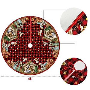 AVOIN colorlife Buffalo Plaid Nativity Christmas Tree Skirt 48 Inch, Jesus Christian Winter Holiday Tree Mat Decoration
