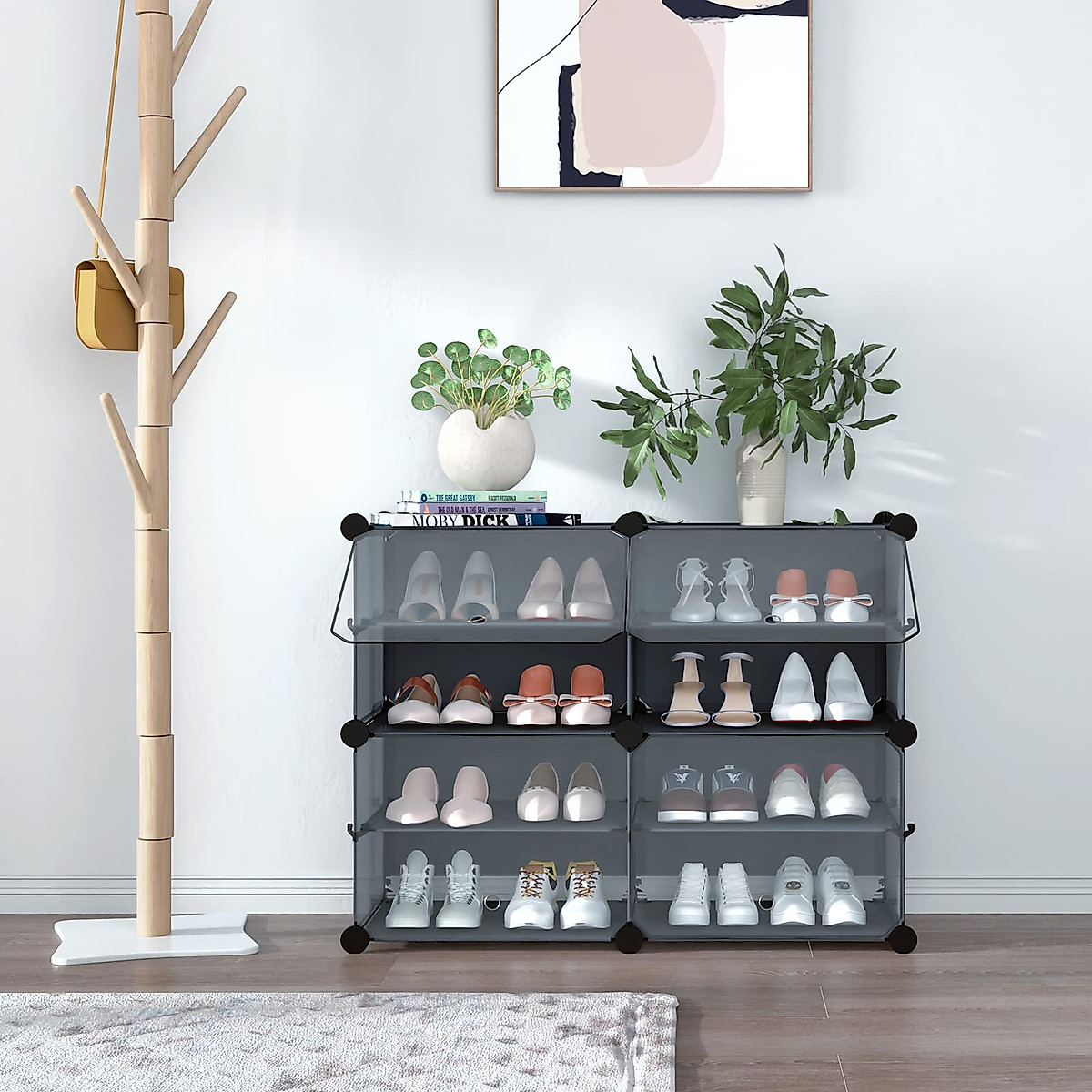 Shoe Rack Organizer, 4 Cube 8 Tier Covered Shoe Rack Cabinet 16 Pair Freestanding DIY Storage Shelves Plastic Shoe Rack for Closet Entryway Hallway Bedroom or Garage, Dark Grey