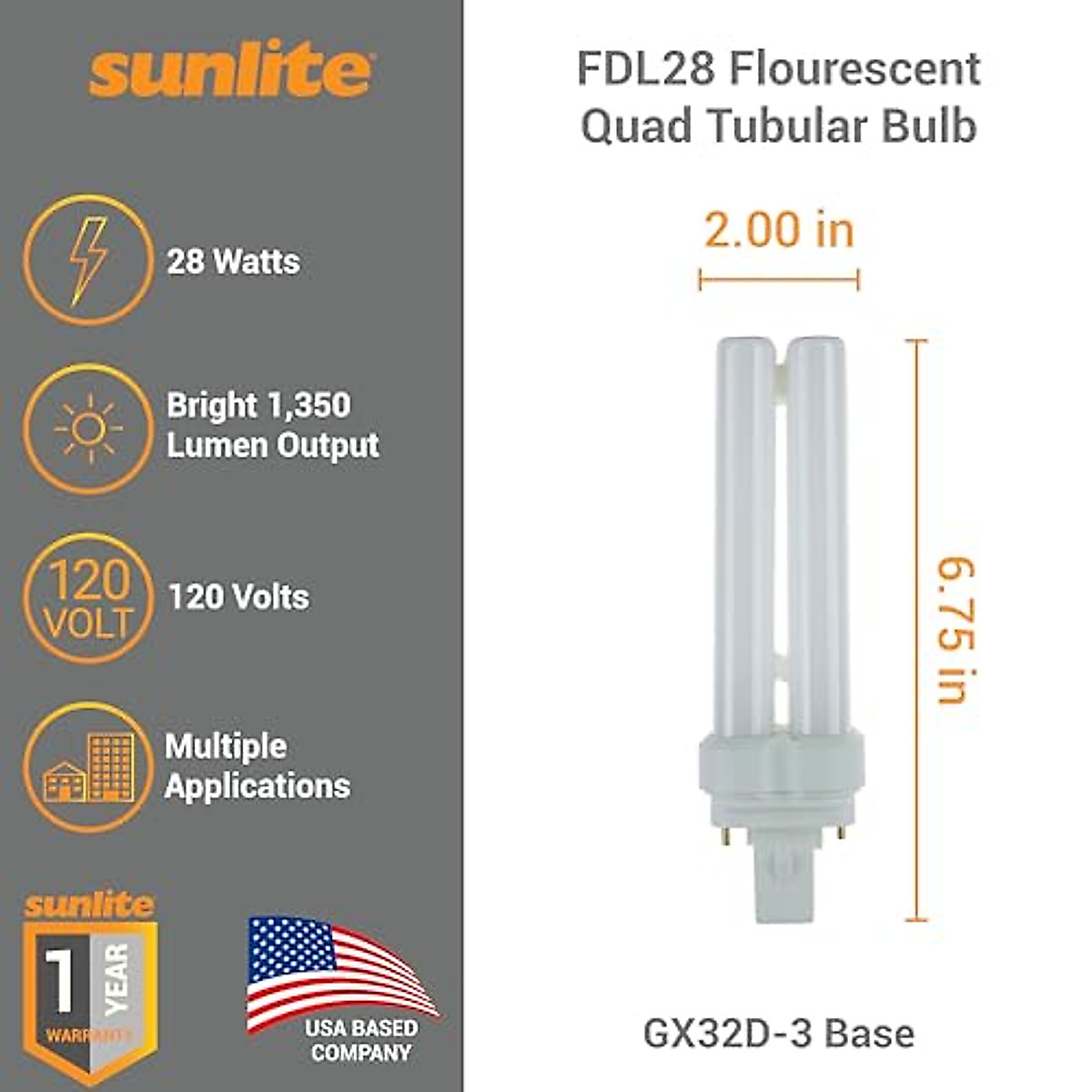 Sunlite FDL28 Fluorescent Quad Tube Plug-in Bulb, 28 Watt, 10,000 Hour Life Span, GX32D-3 Base, 1350 Lumens, for Fluorescent Ceiling Fixtures, Lamps, 5000K Daylight, 1 Pack
