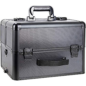 Ver Beauty 3-in-1 Professional 4 Removable Wheels Rolling Aluminum Art Craft Supplies Makeup Tattoo Artist Tool Case Organizer Easy-Slide Extendable Trays with Dividers Mirror, Black Dot