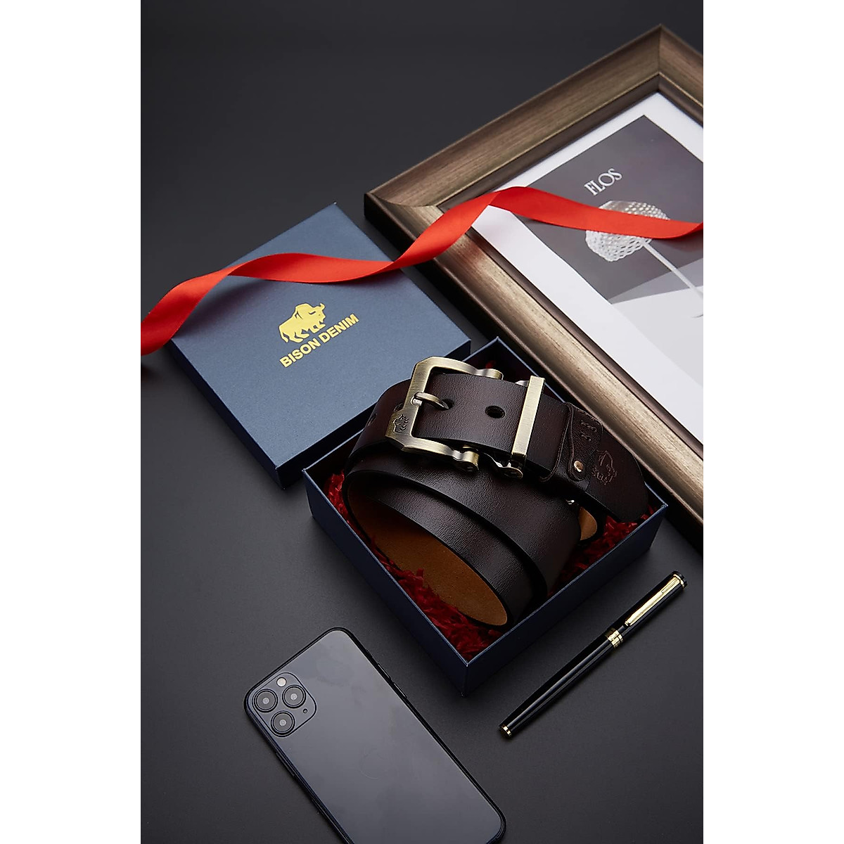 BISON DENIM Men's Belts Leather Dress Genuine Leather Classic Heavy Duty Buckle Belt Casual for Jeans…