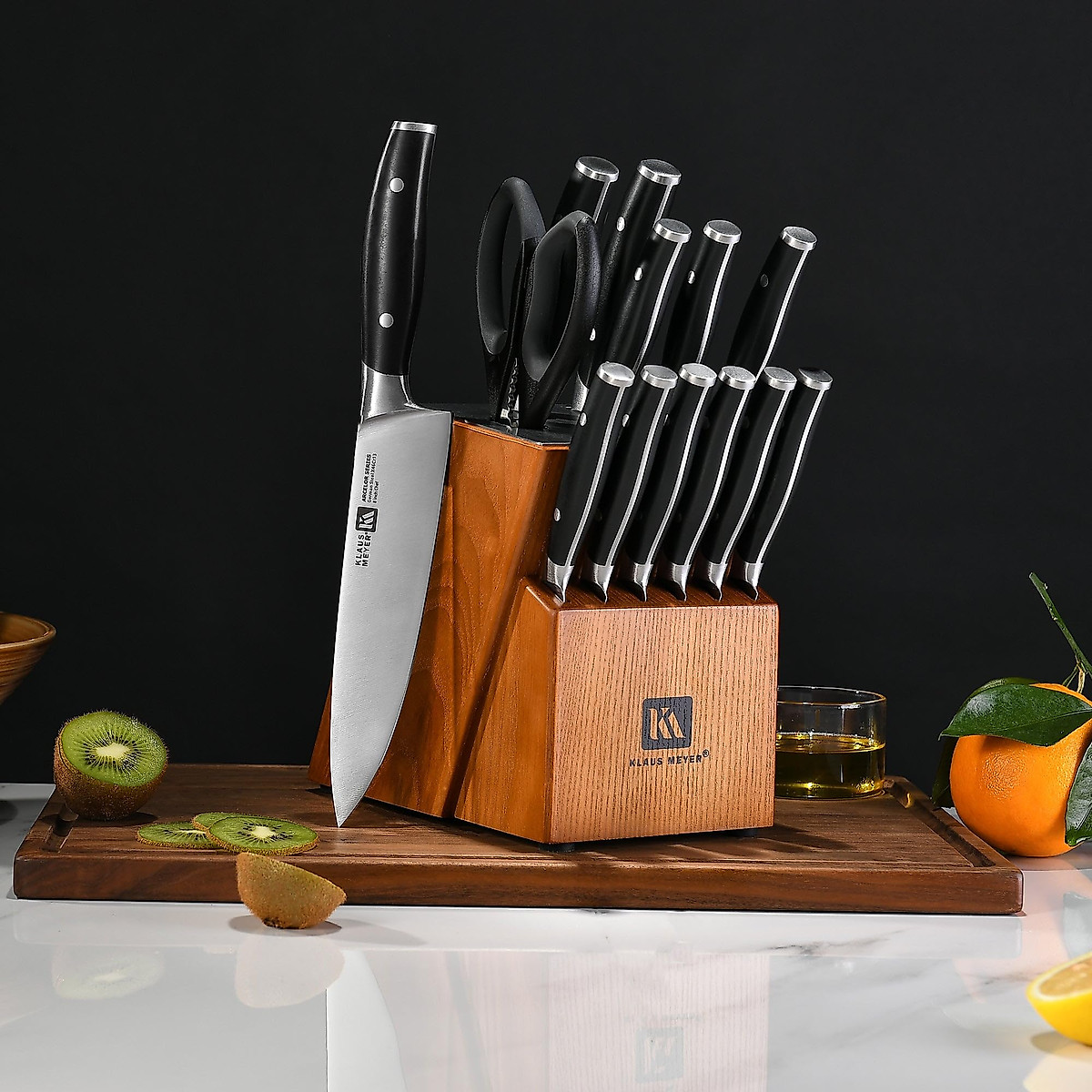 Klaus Meyer Arcelor 14 Piece Exclusive German Steel Non-Slip Handles Knife Set with Solid Wood Block …