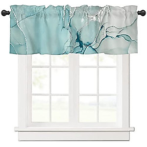 Kitchen Valances for Windows, Marble Texture Abstract Teal White Gold Glitter Splatter Kitchen Curtains, Kitchen Decor Short Curtains Rod Pocket Small Window Curtains, 54"x18" Bathroom Curtains Window