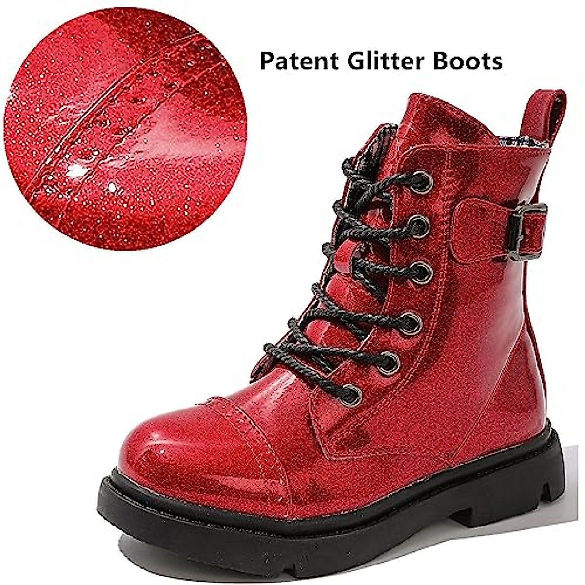 DADAWEN Boys Girls Glitter Ankle Boots Lace Up Waterproof Combat Boot With Side Zipper (Toddler/Little Kid/Big Kid) Red Glitter US Size 13 M Little Kid