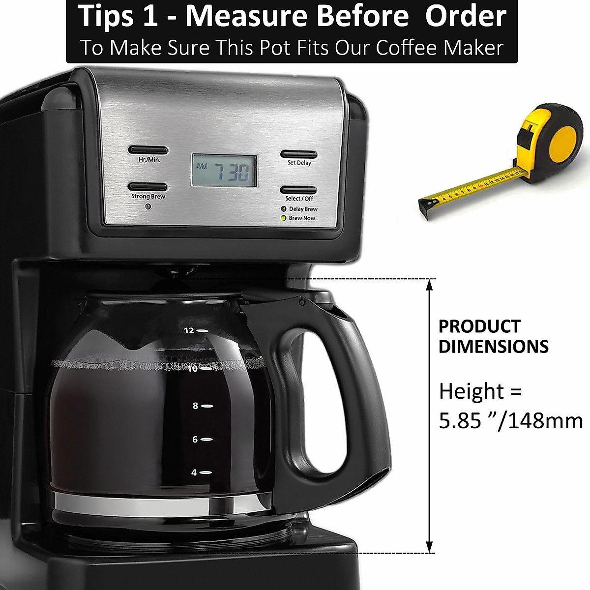 BESBARISTA 12-Cup Glass Replacement Carafe for Mr. Coffee Model #SK12, SK13, EHX23, JWX31, SJX23, SJX39 (Black, Replaces PLD12-RB)